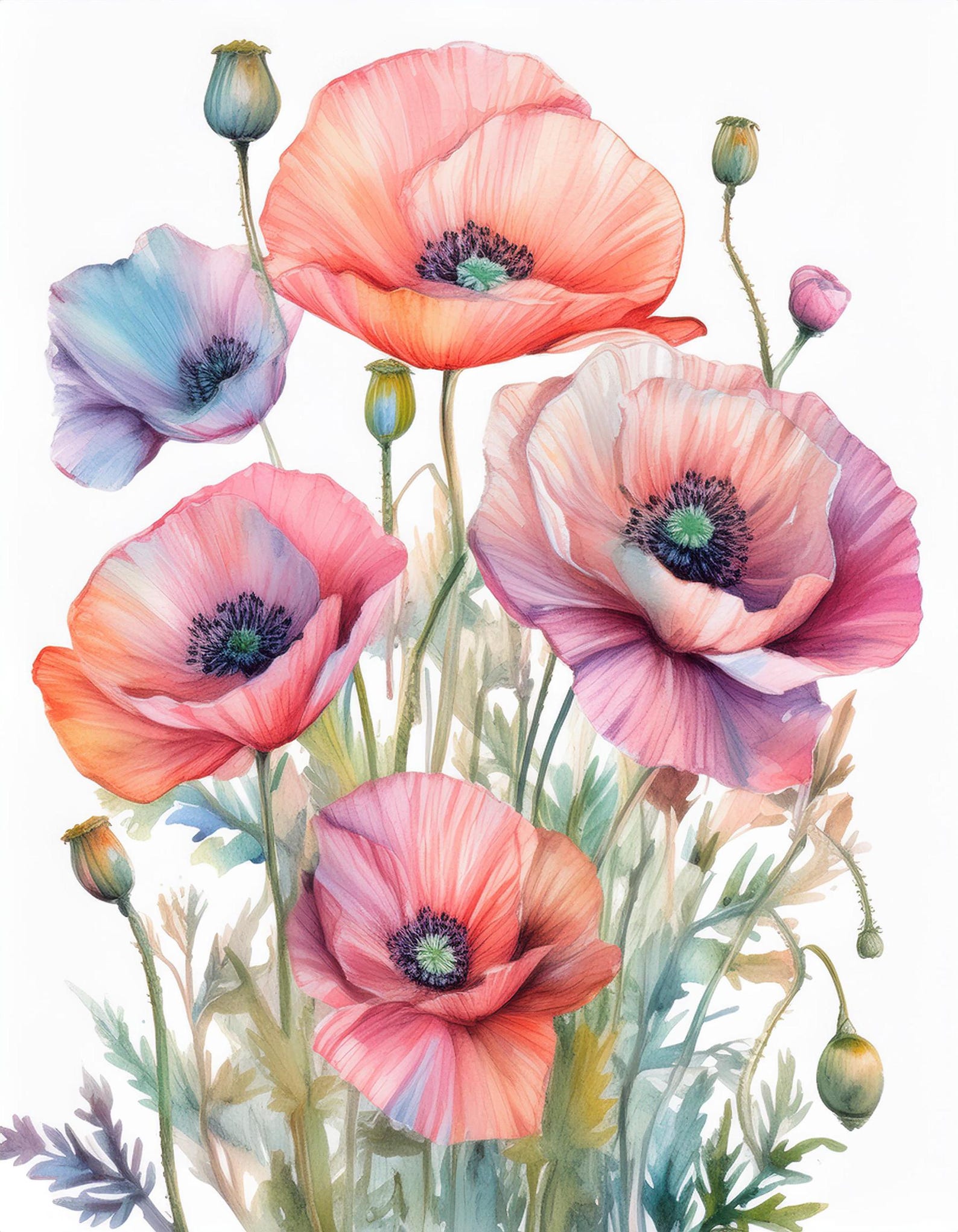 Watercolor Poppies, Flowers, Digital Download, Delicate, Springtime - Etsy