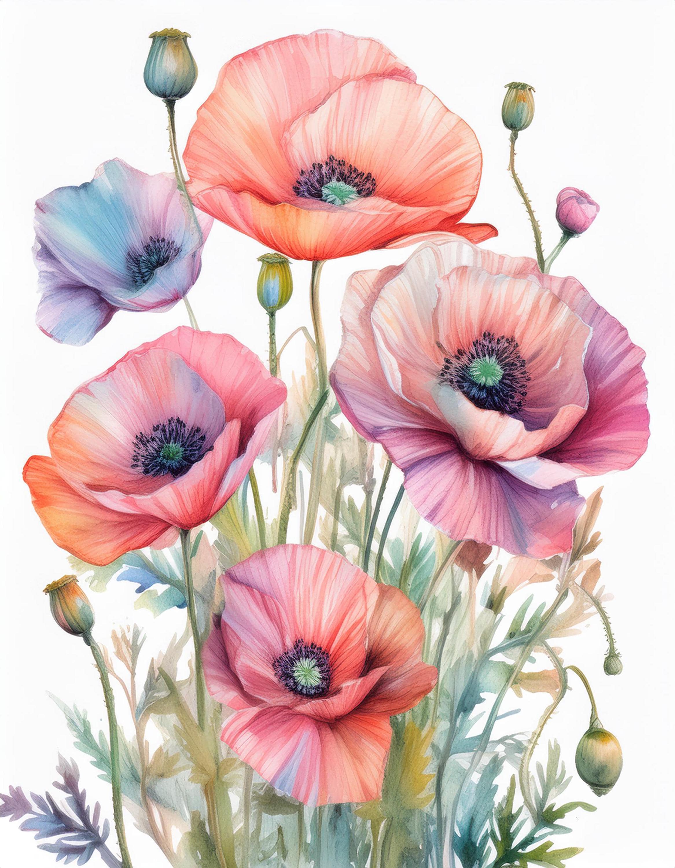 Watercolor Poppies, Flowers, Digital Download, Delicate, Springtime - Etsy