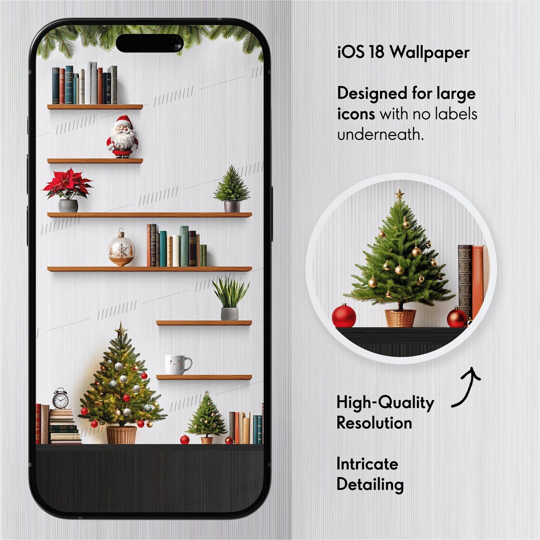 Modern Bookshelf iPhone Wallpaper With Books, Plants, and Christmas ...