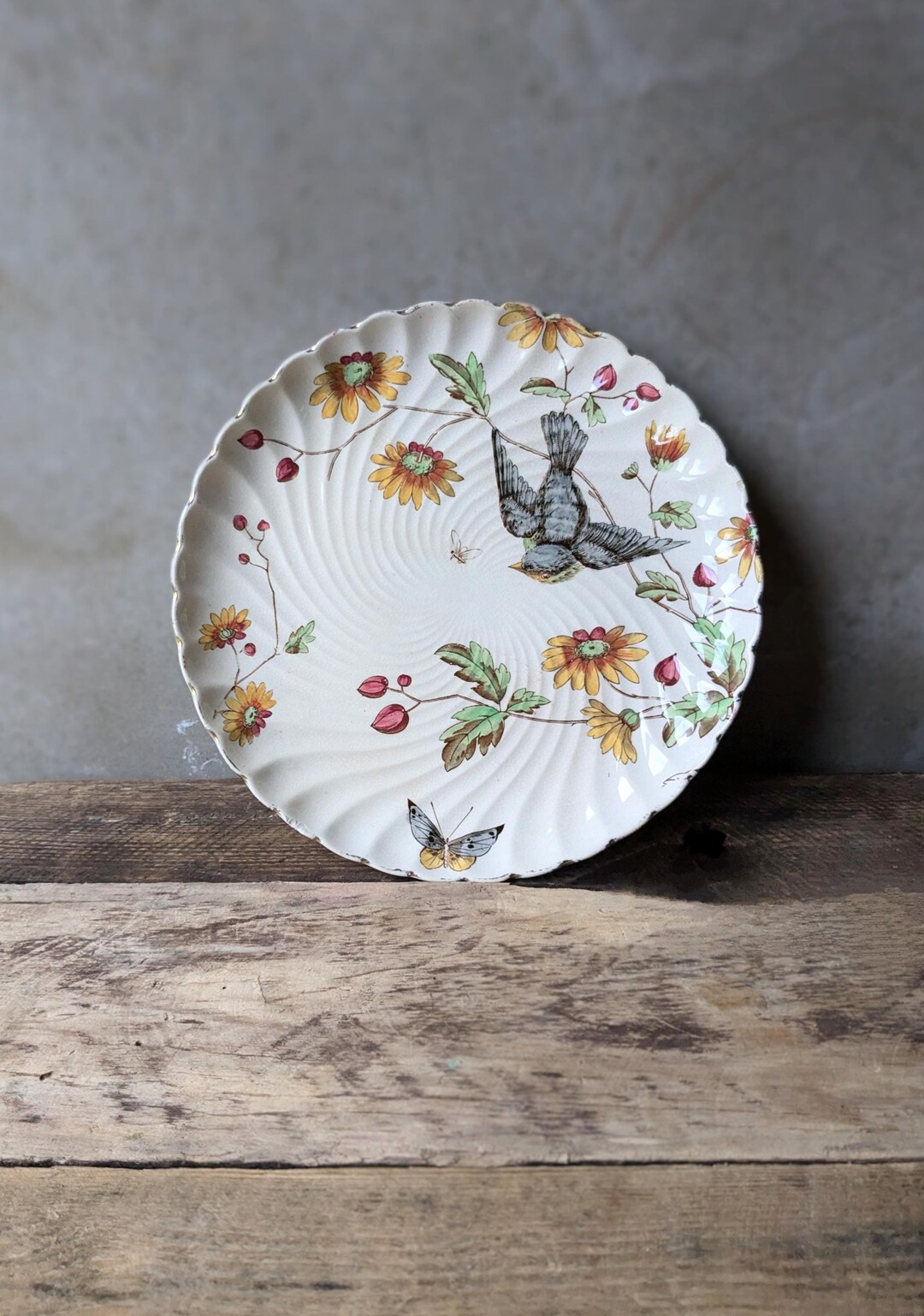 Vintage French Scalloped Edge Plate Bird and Butterfly Decoration Plate ...