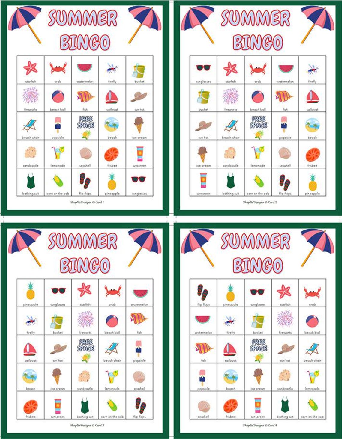 Summer Bingo, 60 Printable Beach Day Bingo Cards, 1 ,2, 4 per Page ...