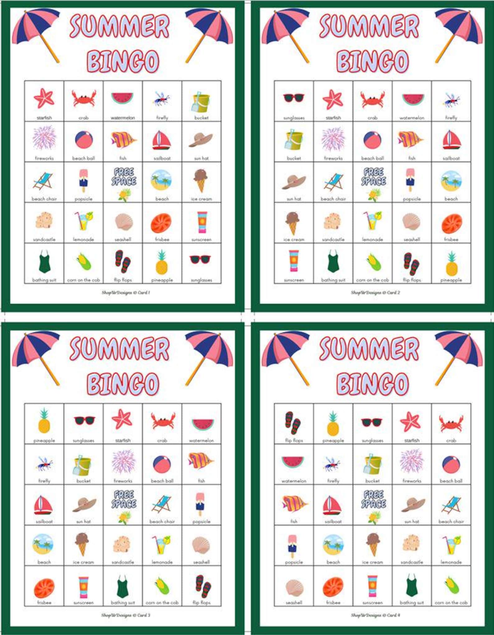 Summer Bingo, 60 Printable Beach Day Bingo Cards, 1 ,2, 4 per Page ...