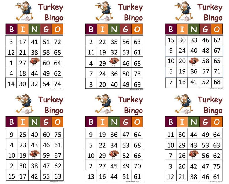 100 Turkey Unique Bingo Cards, 1, 2, 4 and 6 per Page, Instant ...