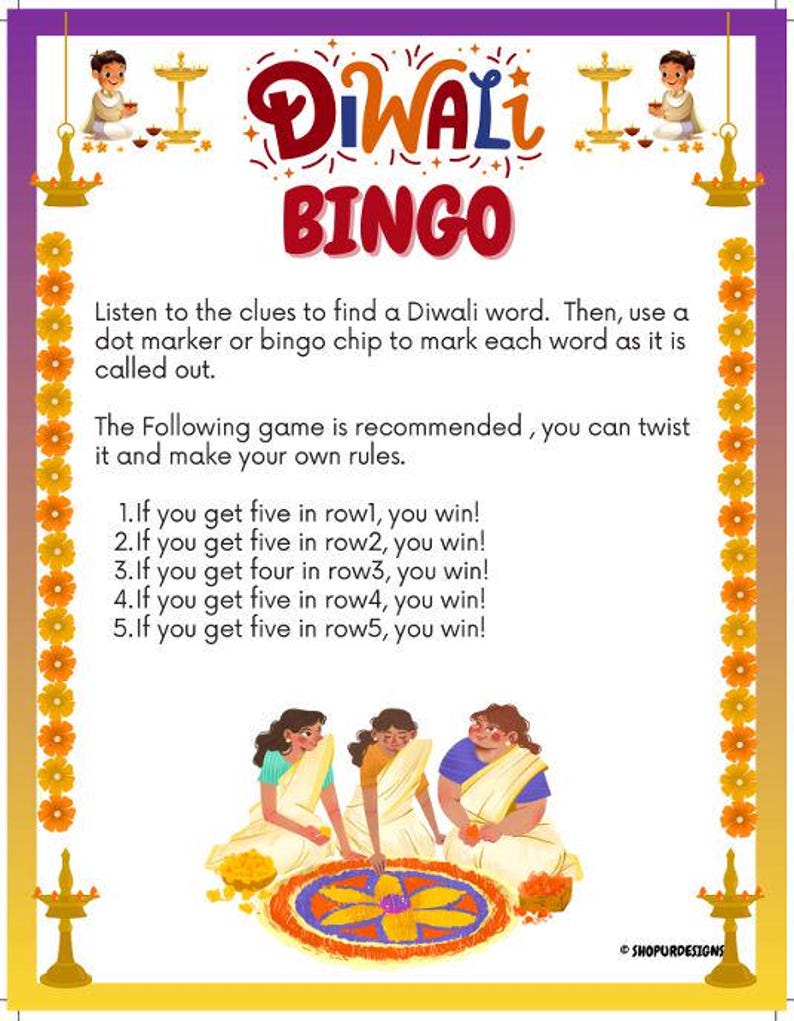 Diwali Bingo Game: 60 Printable Cards (PDF Download), Party Game for ...