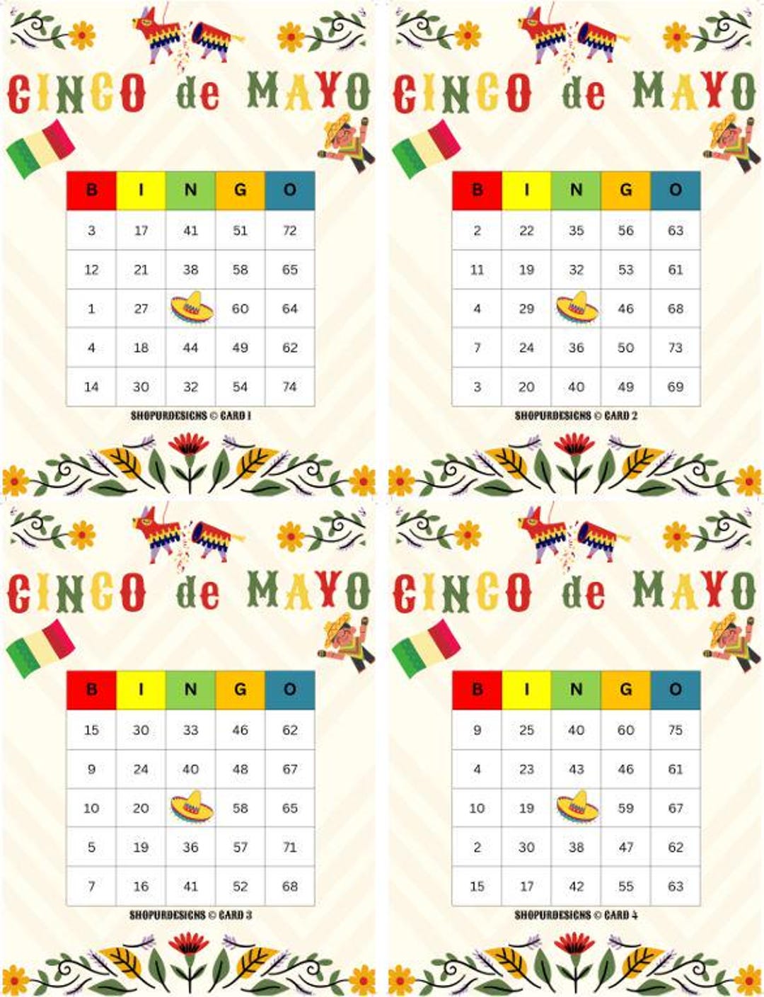Cinco De Mayo Bingo Game: 100 Printable Cards (PDF Download), 1, 2 and ...