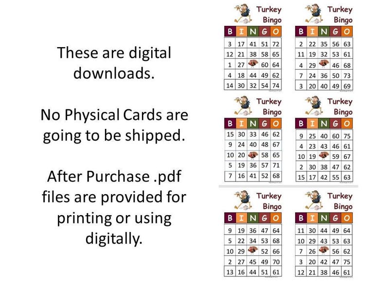 100 Turkey Unique Bingo Cards, 1, 2, 4 and 6 per Page, Instant ...