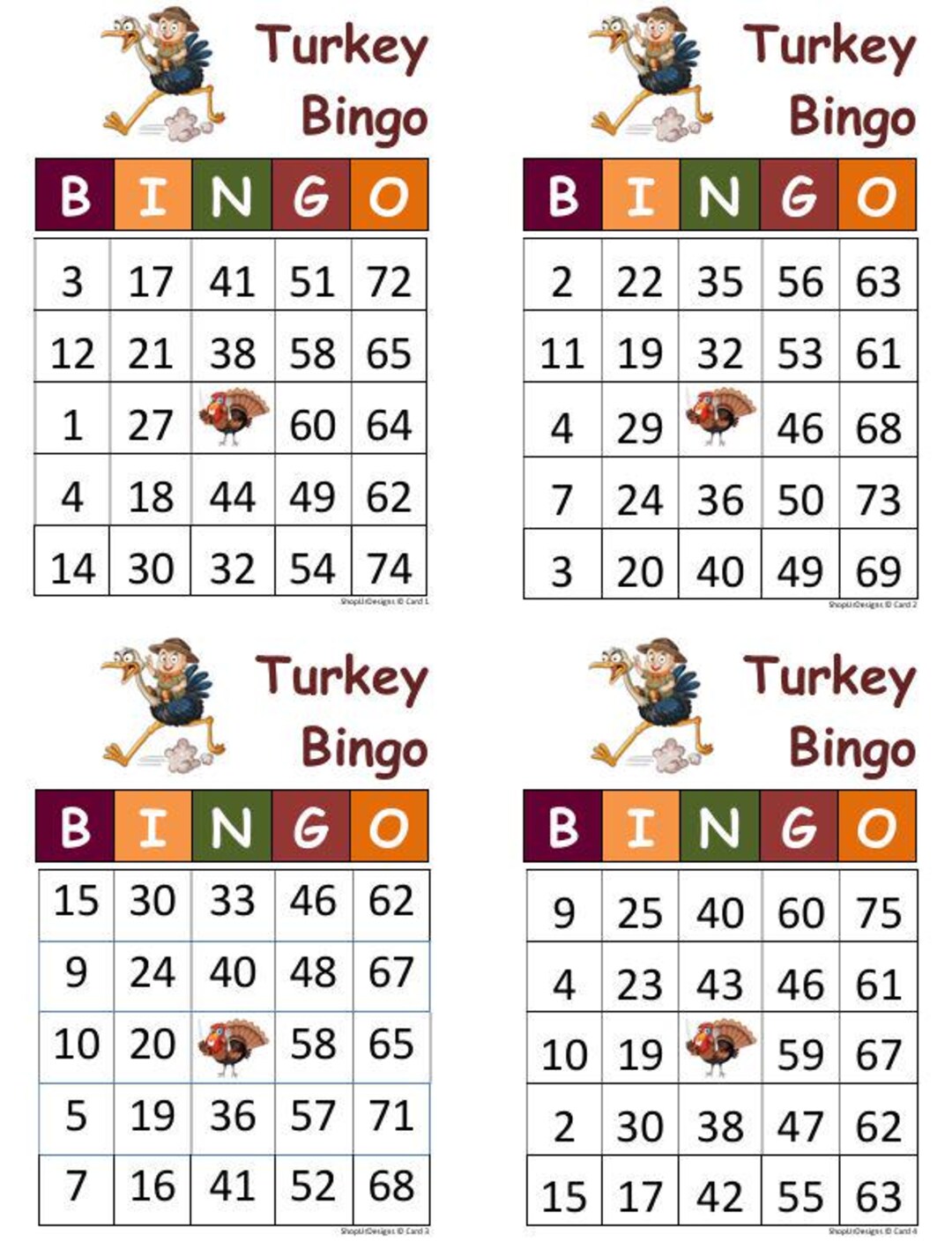 100 Turkey Unique Bingo Cards, 1, 2, 4 and 6 per Page, Instant ...