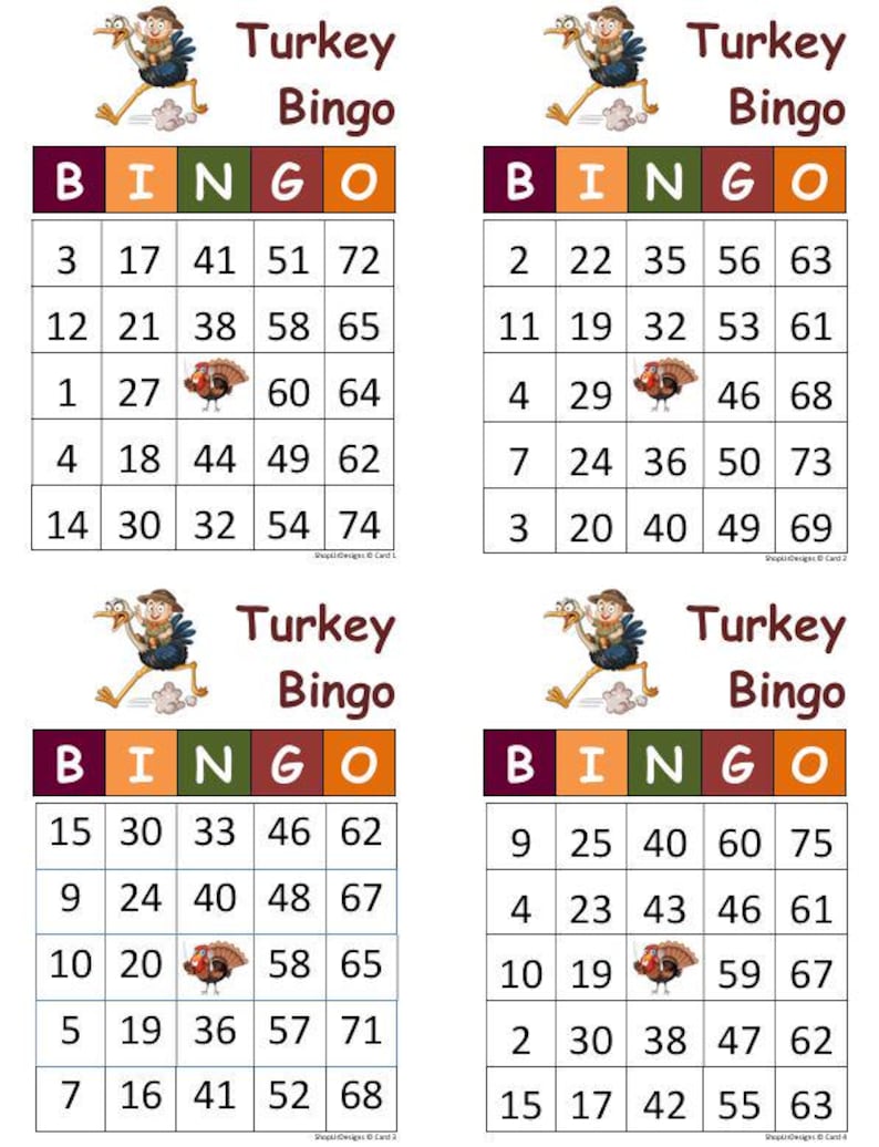 100 Turkey Unique Bingo Cards, 1, 2, 4 and 6 per Page, Instant ...