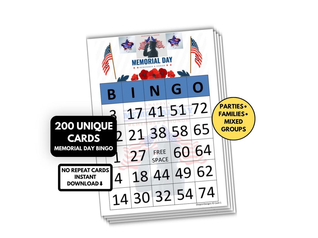 Memorial Day Bingo Printable 200 Unique Cards - Large Classroom Game ...