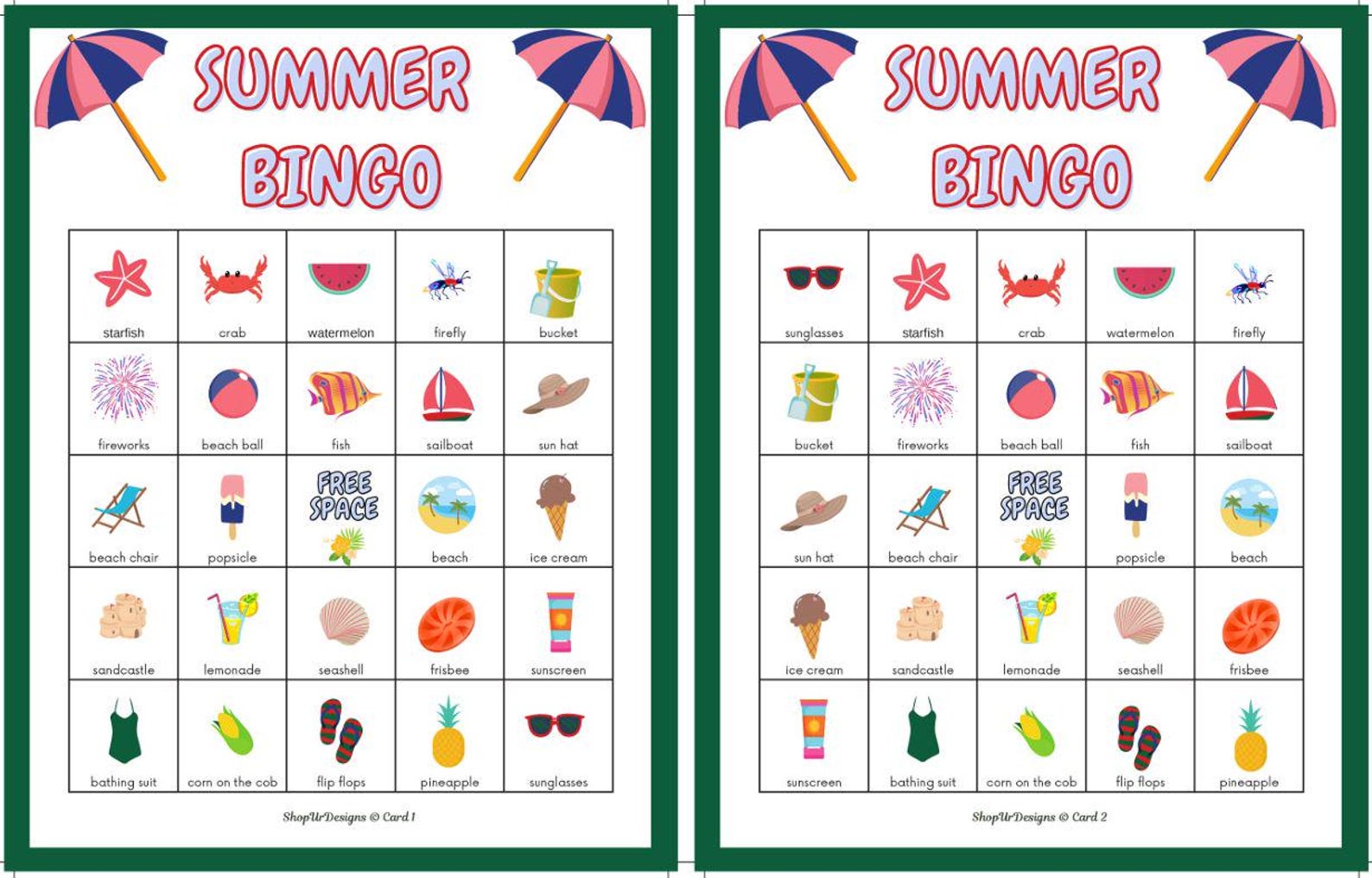 Summer Bingo, 60 Printable Beach Day Bingo Cards, 1 ,2, 4 per Page ...