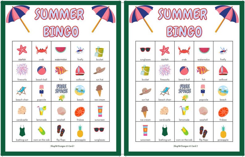 Summer Bingo Game: 60 Printable Beach Day Cards (PDF Download), 1 ,2, 4 ...