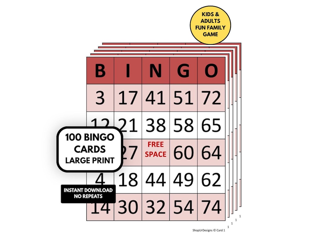 100 Bingo Cards Printable Game, Family Party Bingo Game for Kids and ...