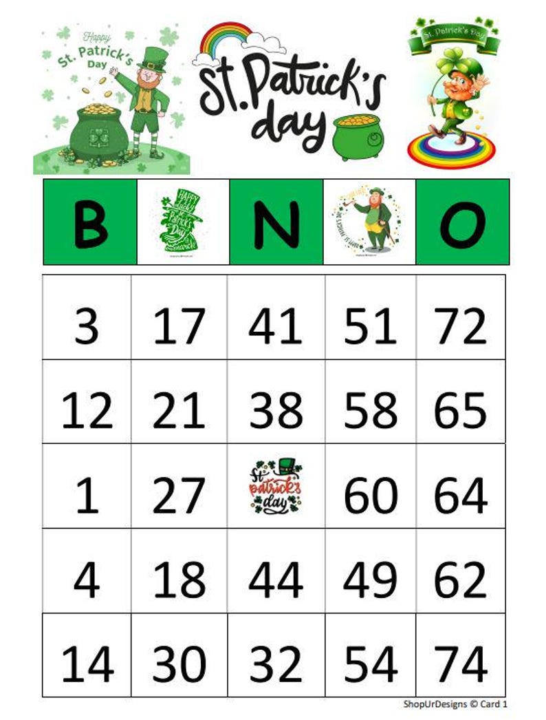 St. Patrick's Day Bingo Cards, 100 Unique Printable Game (PDF Download ...
