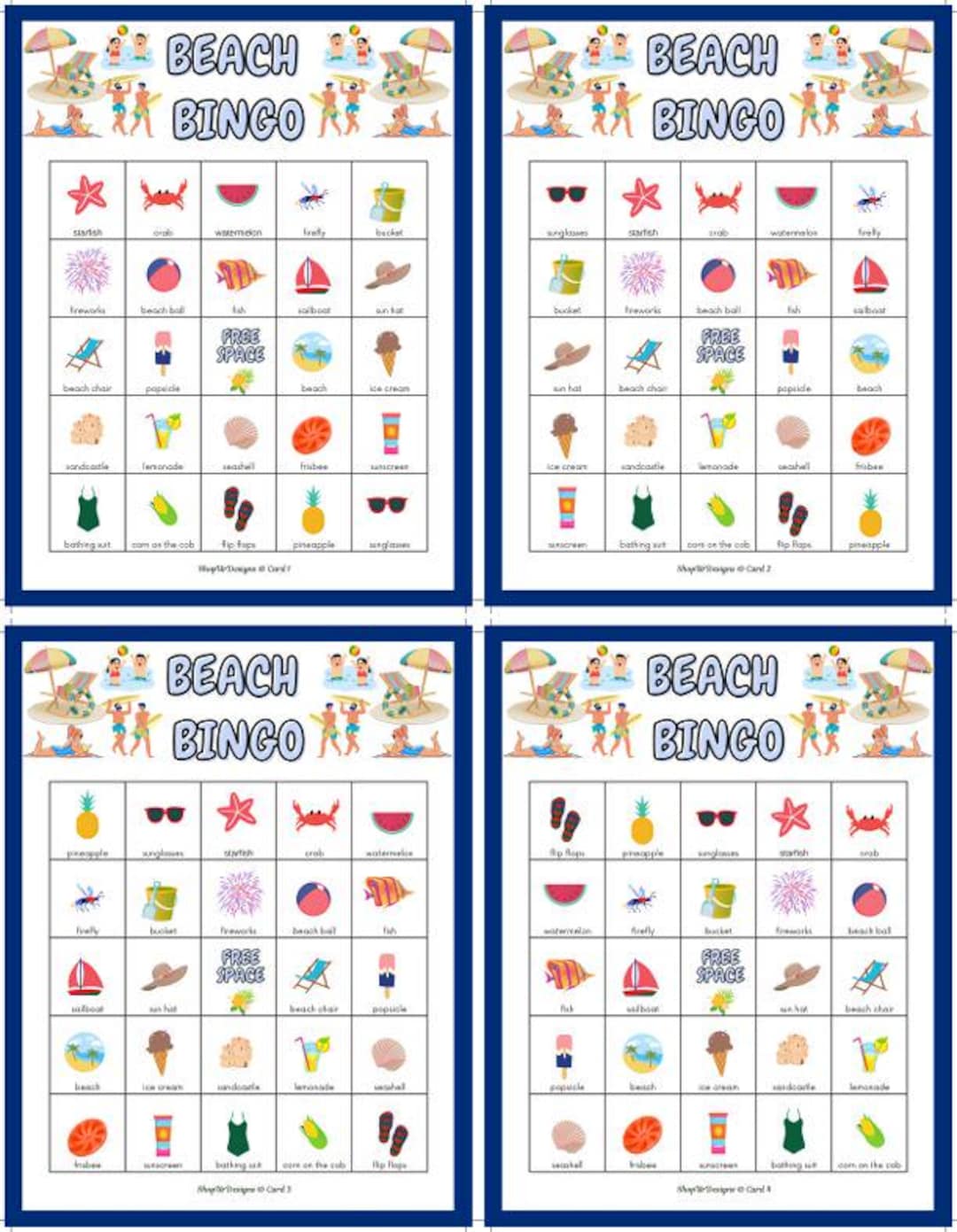 Beach Bingo, 60 Printable Beach Day Bingo Cards, 1 ,2, 4 per Page, Kids ...