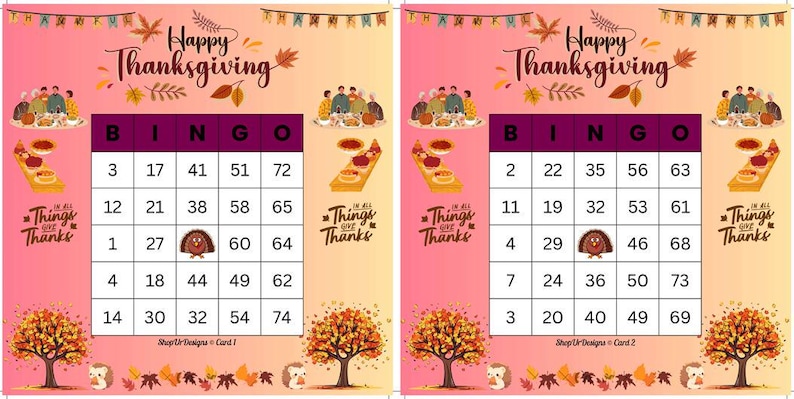 200 Thanksgiving Unique Bingo Cards : Printable Download (PDF), Party ...