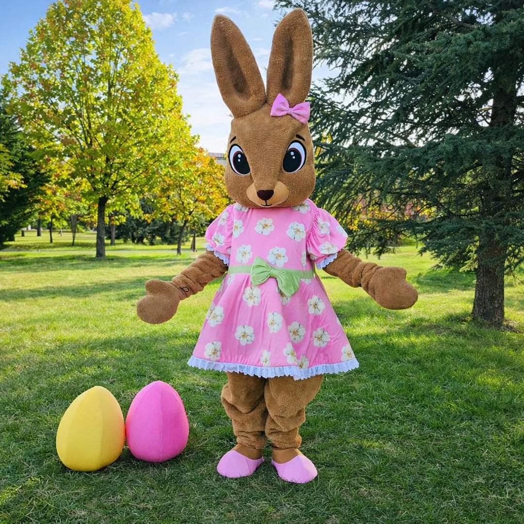 Handmade Bunny Mascot Costume | Brown Rabbit, Pink Floral Dress - Etsy