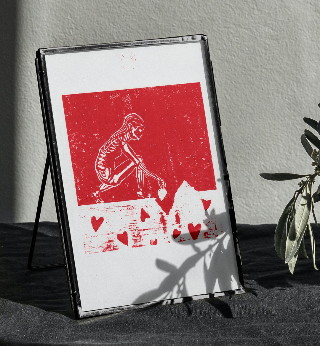 Linocut Print Skeleton, Amor, Skeleton Poster of Love, Burying His ...