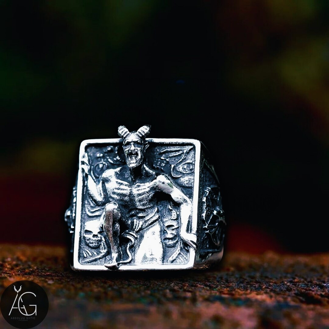 Baphomet Satanic Signet Ring in Steel Lucifer Ring Gothic Satan Ring ...