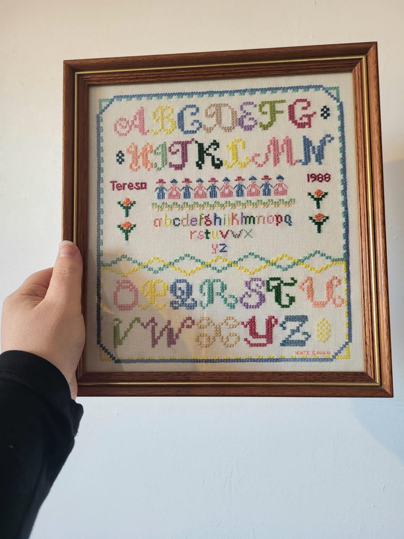 Vintage 1988 Alphabet Embroidery Cross Stitch in Wooden Frame - Etsy