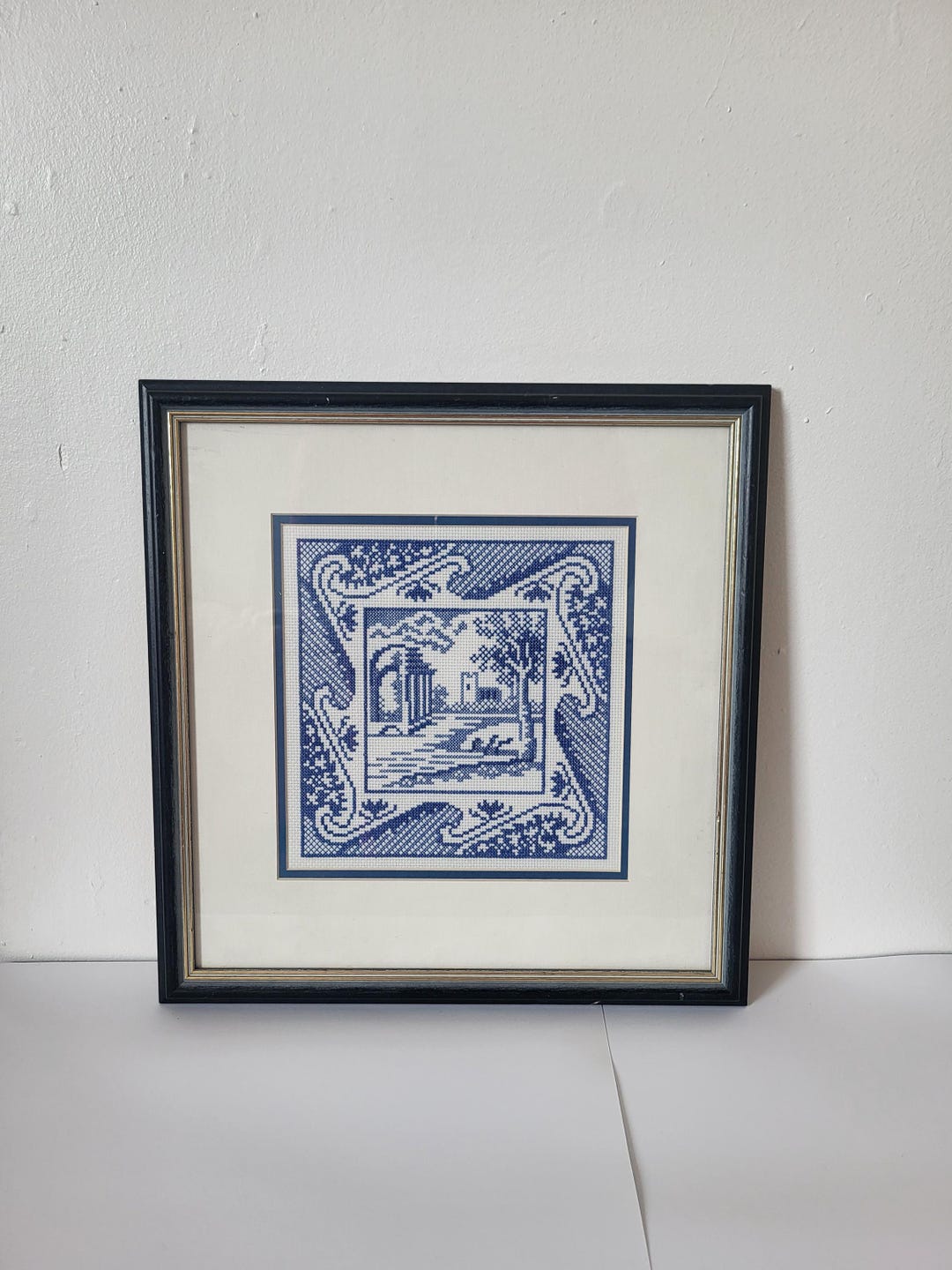 Vintage Blue and White Cross Stitch Embroidery in Blue Frame - Etsy