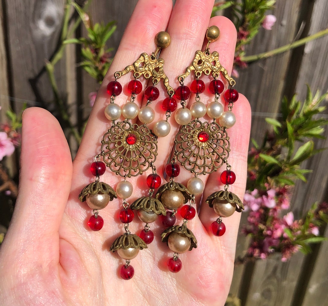 Vintage German Pearl & Red Glass Chandelier Screw Back Earrings - Etsy