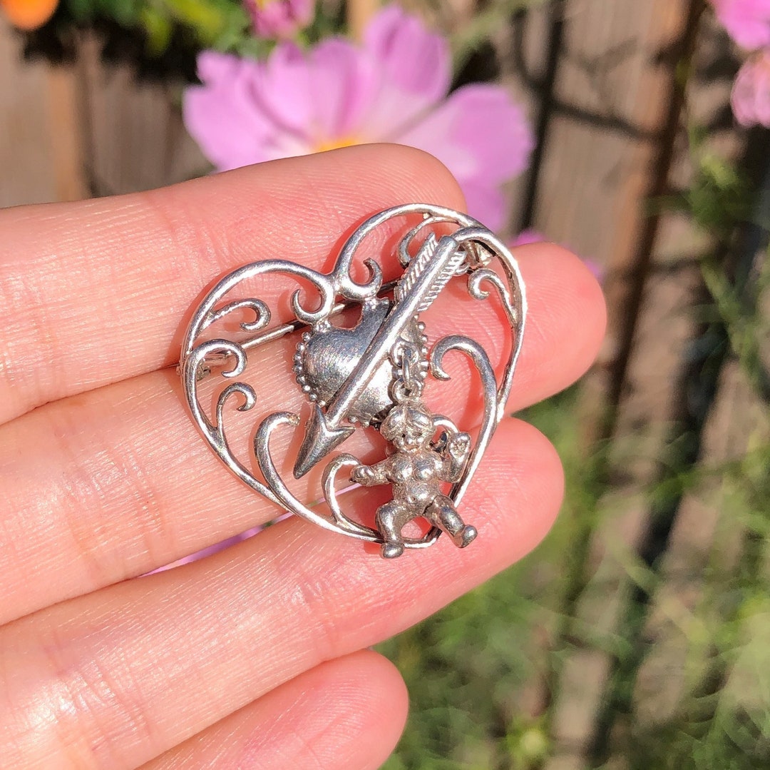 Vintage Silver Cherubic Heart Bow & Arrow Brooch - Etsy