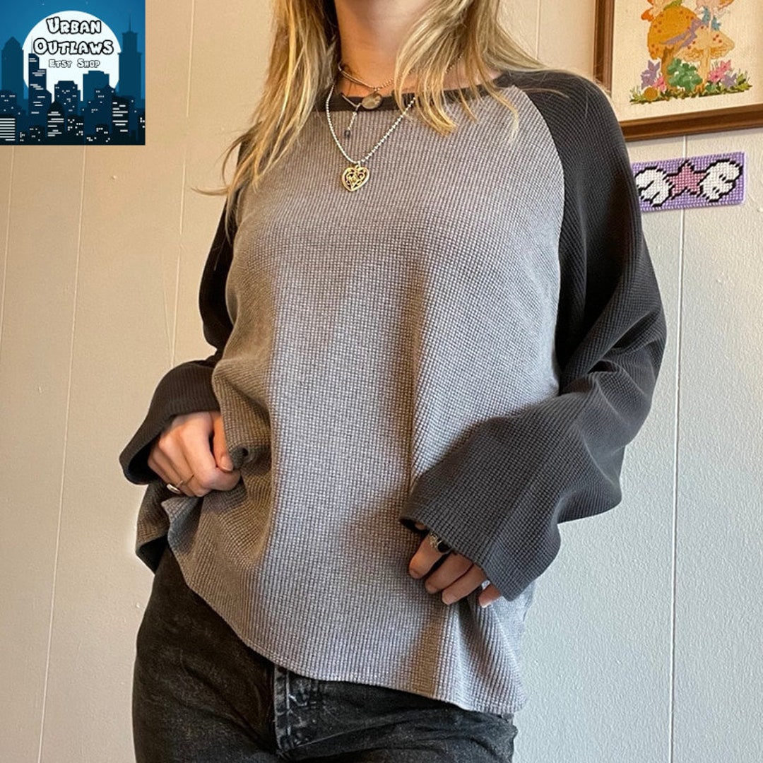 Y2K Long Sleeve Patchwork Shirt, Basic Ribbed Loose Top, Stylish Preppy ...