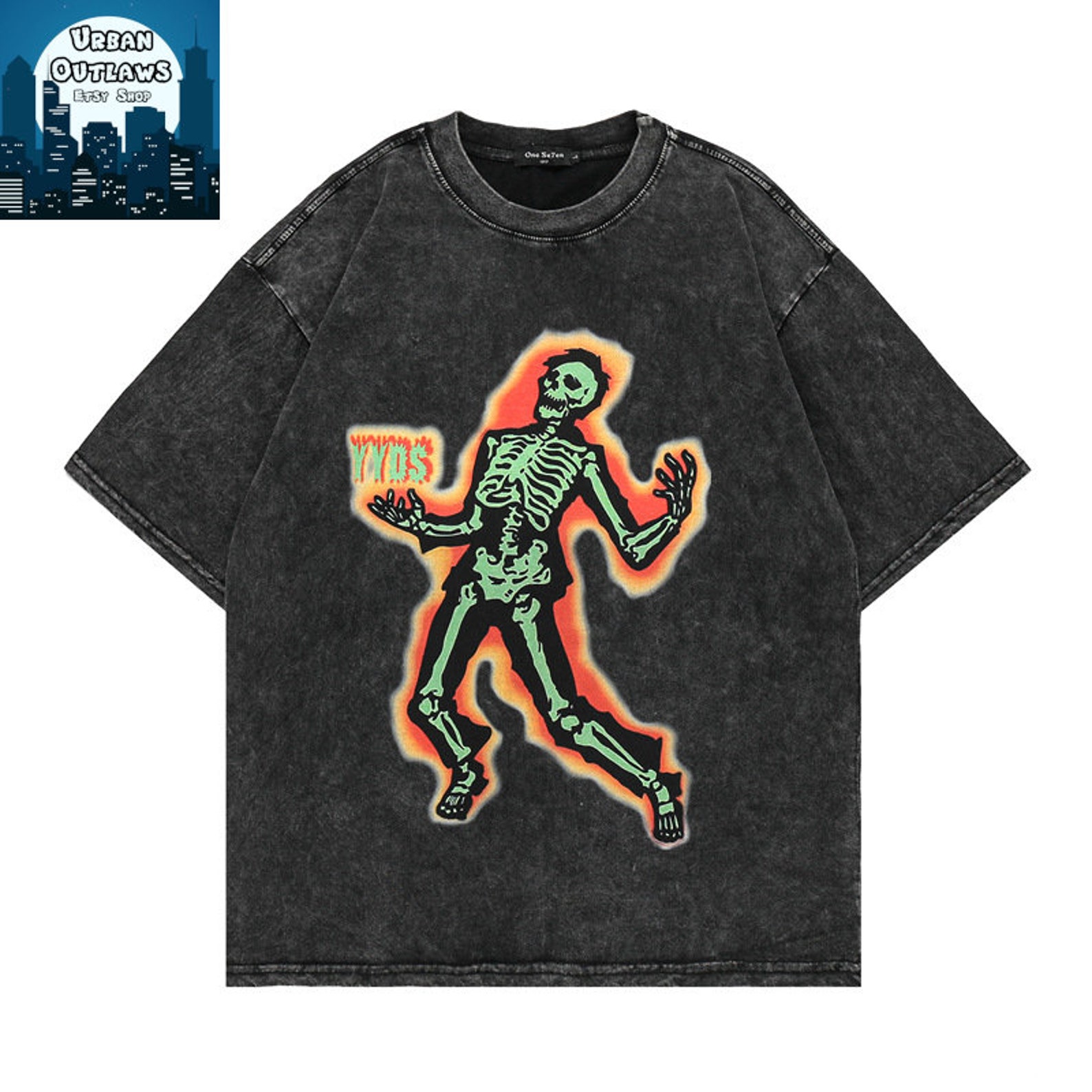 Y2K Skeleton Print T-shirt Vintage Acid Washed Pullover - Etsy