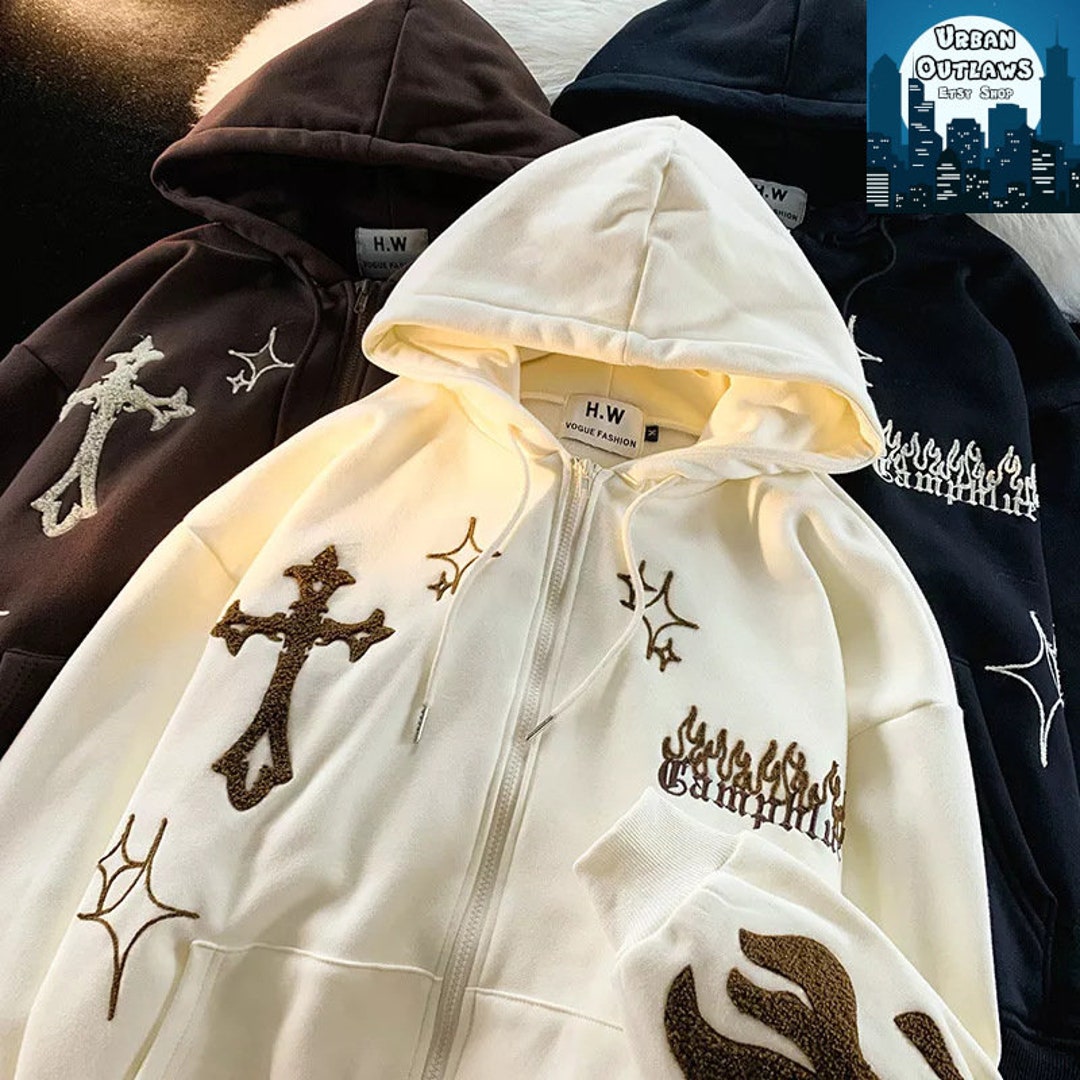 Y2K Embroidered Cross Hoodie Retro Flame Star Pullover Harajuku Streetwear Lettered Sweatshirt ...