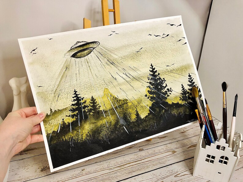Alien Painting Landscape Original Art UFO Watercolor Artwork | Etsy