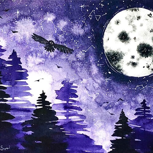 Purple Watercolor Moon Art Print - Etsy