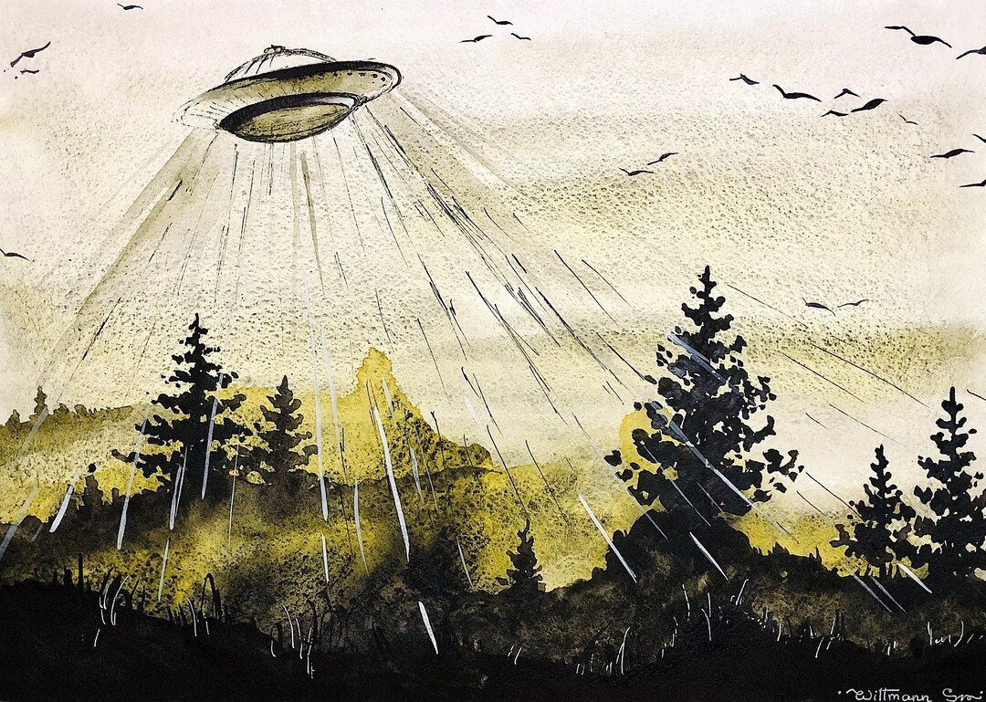 Alien Painting Landscape Original Art UFO Watercolor Artwork Green ...
