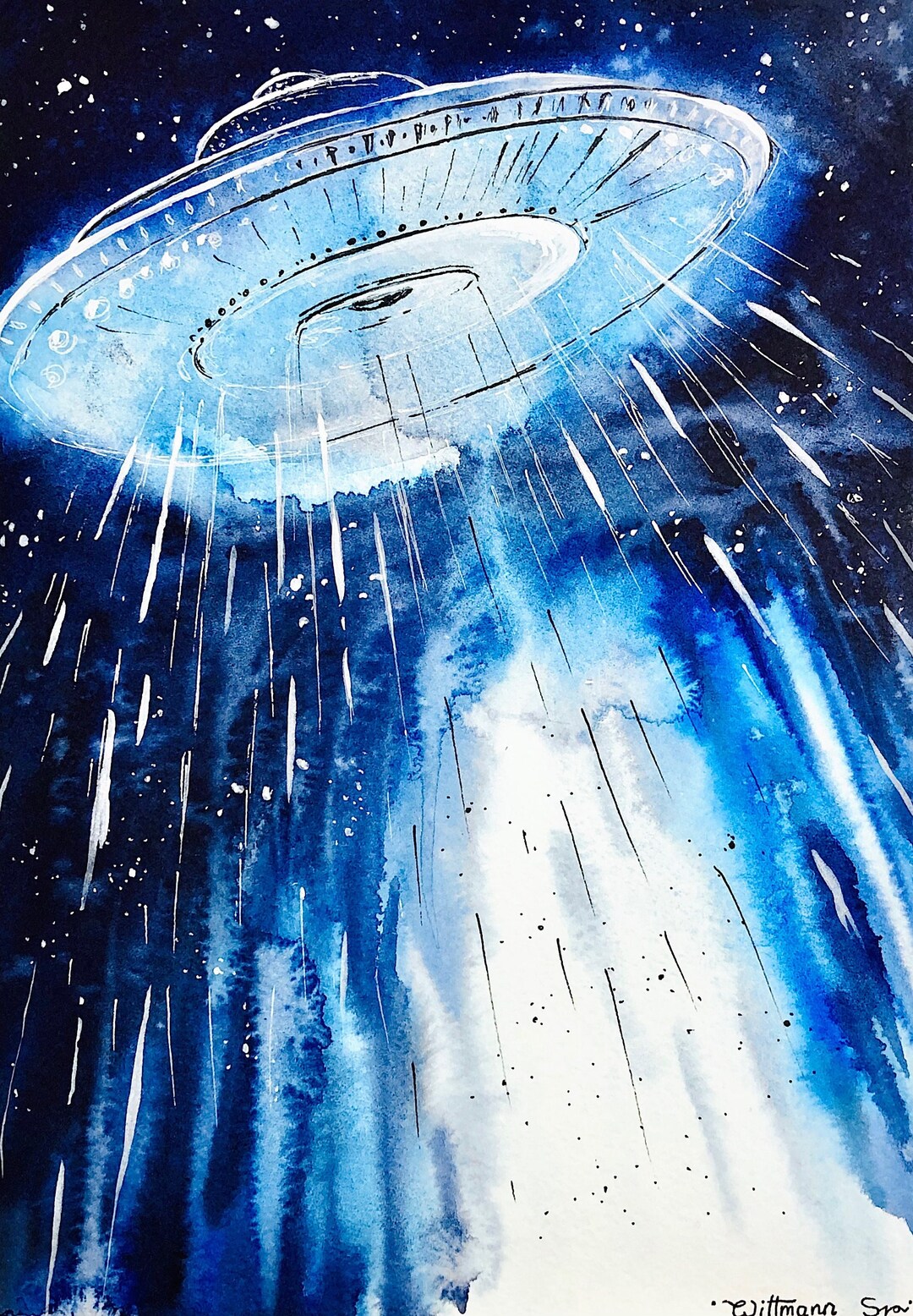 Alien Painting Cosmos Original Art UFO Watercolor Wall Art Blue Hand ...