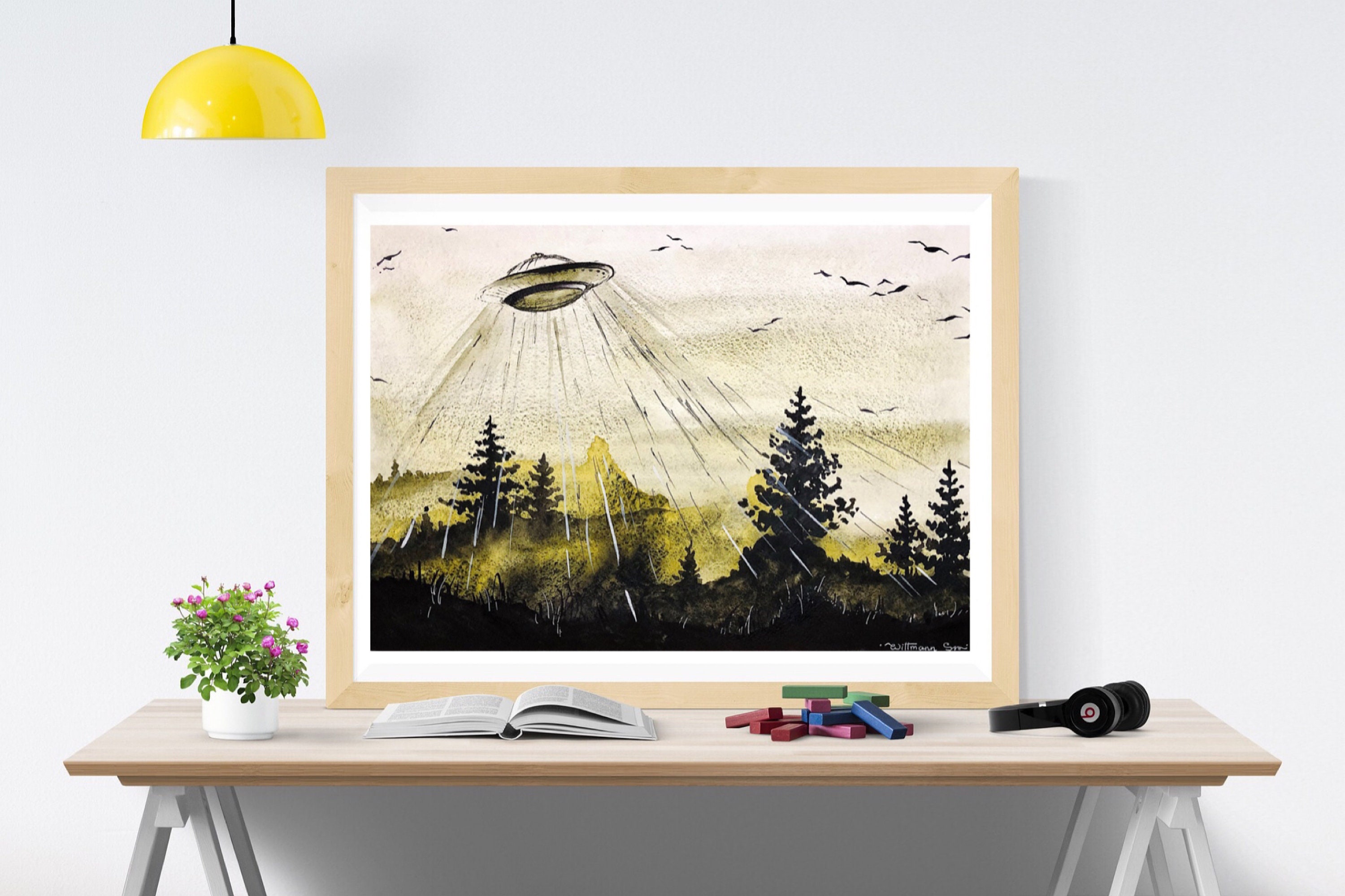 Original Art Alien Painting Landscape UFO Watercolor Artwork Green ...
