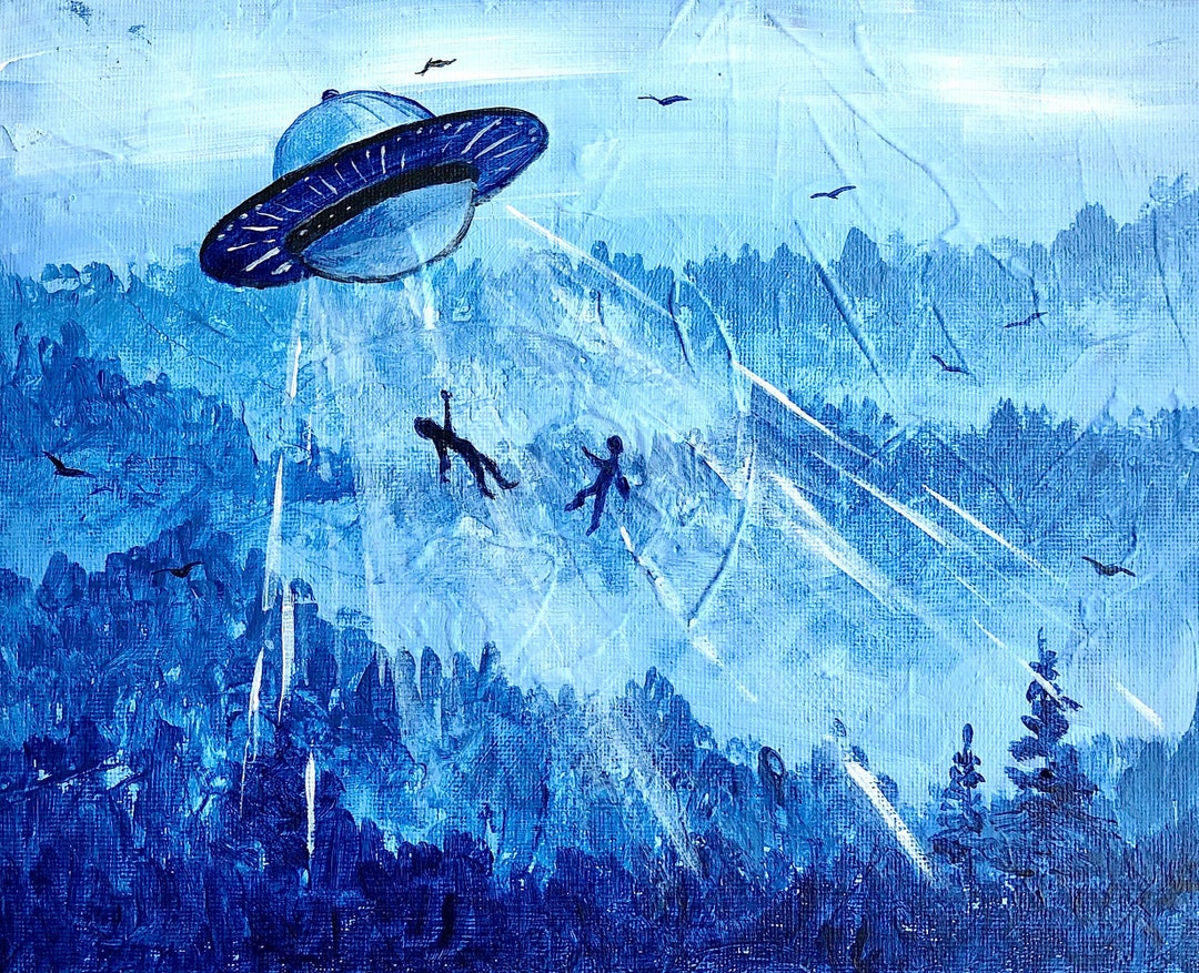 Original Art Alien Painting Landscape UFO Acrylic Artwork Blue Living ...