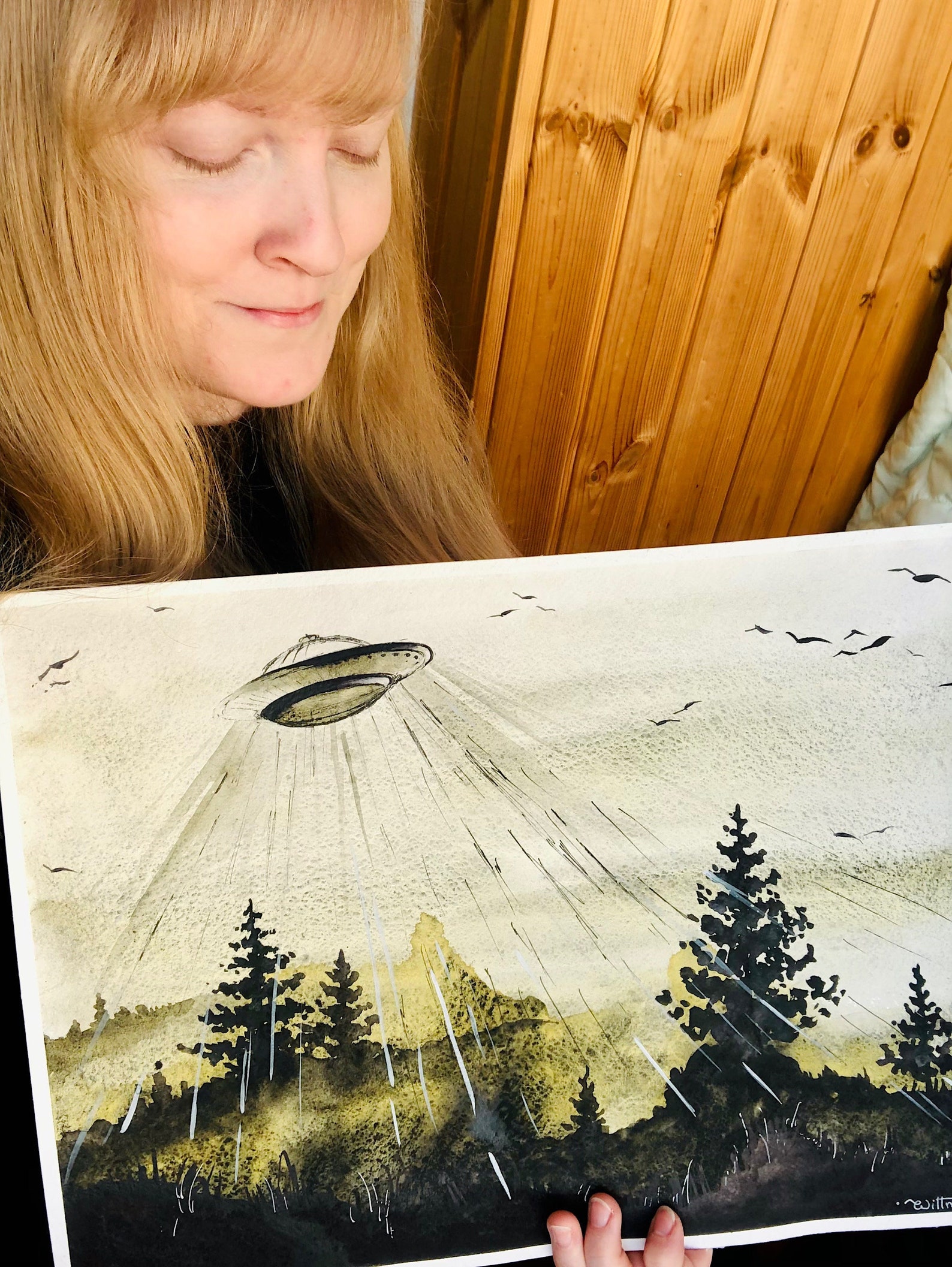 Alien Painting Landscape Original Art UFO Watercolor Artwork | Etsy