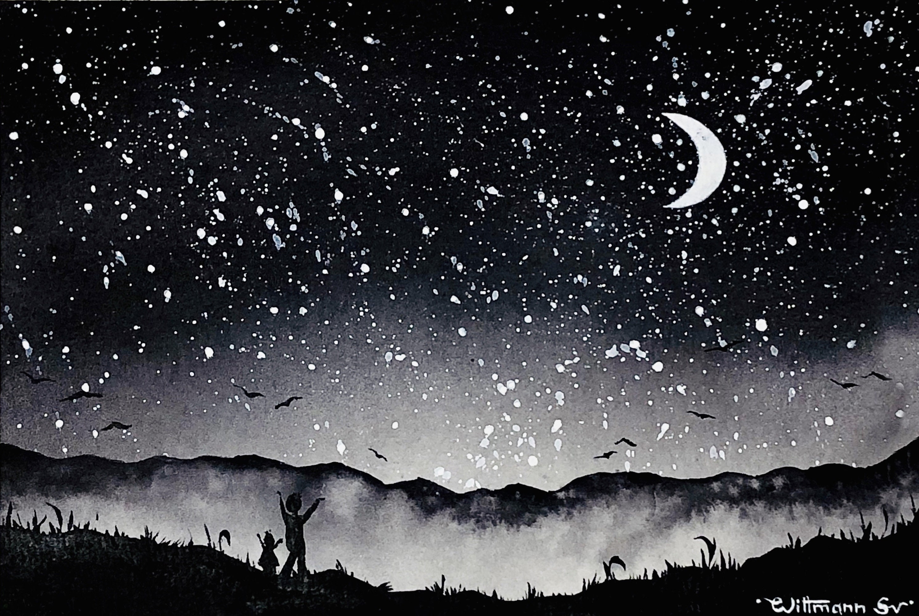 Night Sky Painting Landscape Original Art Celestial Wall Art Black ...