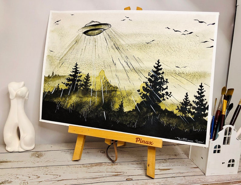 Alien Painting Landscape Original Art UFO Watercolor Artwork | Etsy