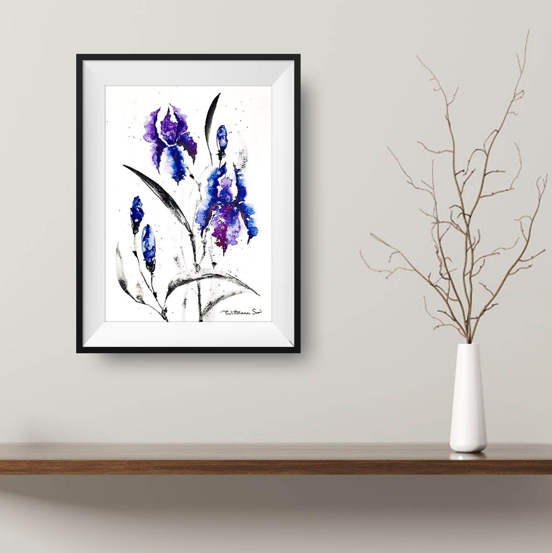 Watercolor Painting Iris Flowers Original Japanese Blue Minimalist ...