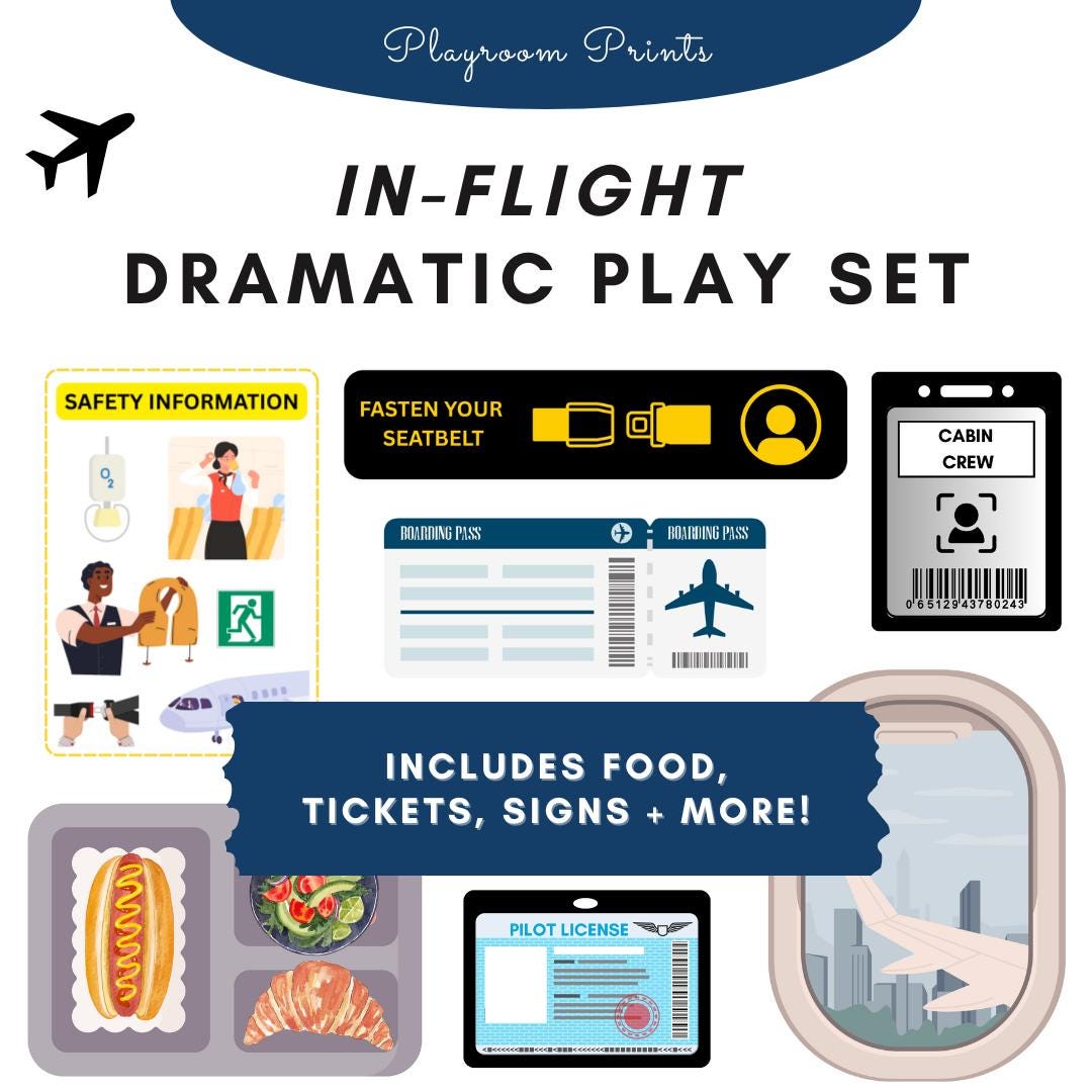 Printable Airplane Dramatic Play Set – In-flight Food, Boarding Passes ...