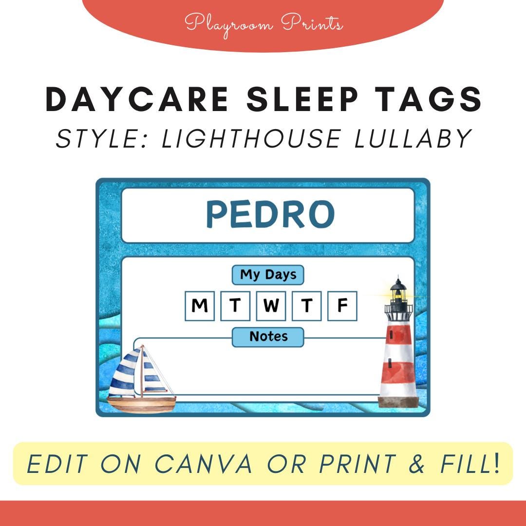 Daycare Sleep Tags – Lighthouse Theme | Editable Nautical Cot & Sheet ...
