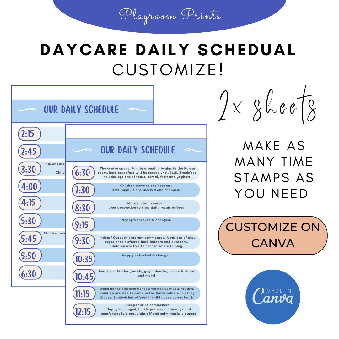 Customizable Childcare & Preschool Daily Schedule Template Editable on ...