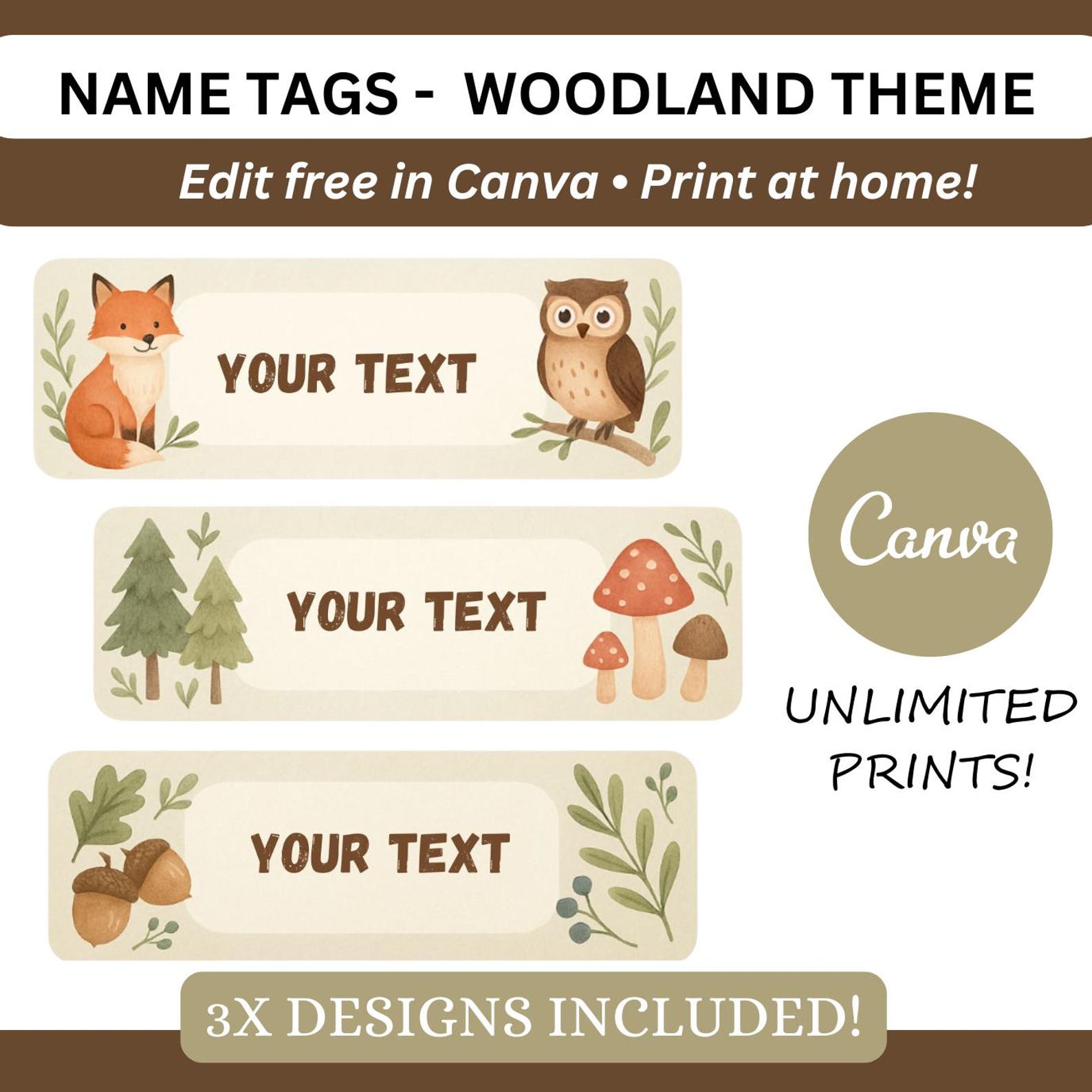 Woodland Name Tags for Kids – 3x Designs – Canva Editable Cubbie Labels ...