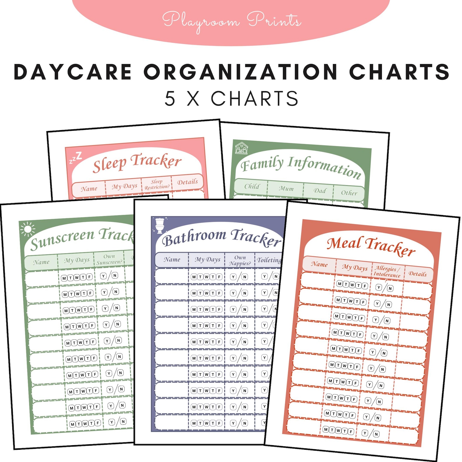 5x Daycare Organization Printable Charts Preschool | Fillable Routine ...