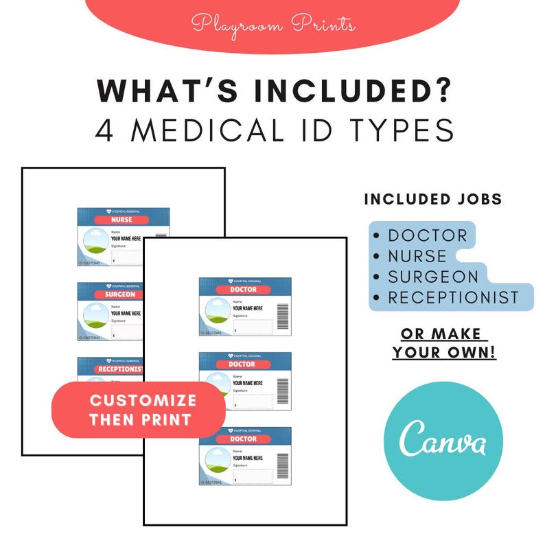 Printable Hospital ID Badges for Kids | Dramatic Play Doctor Nurse Role ...