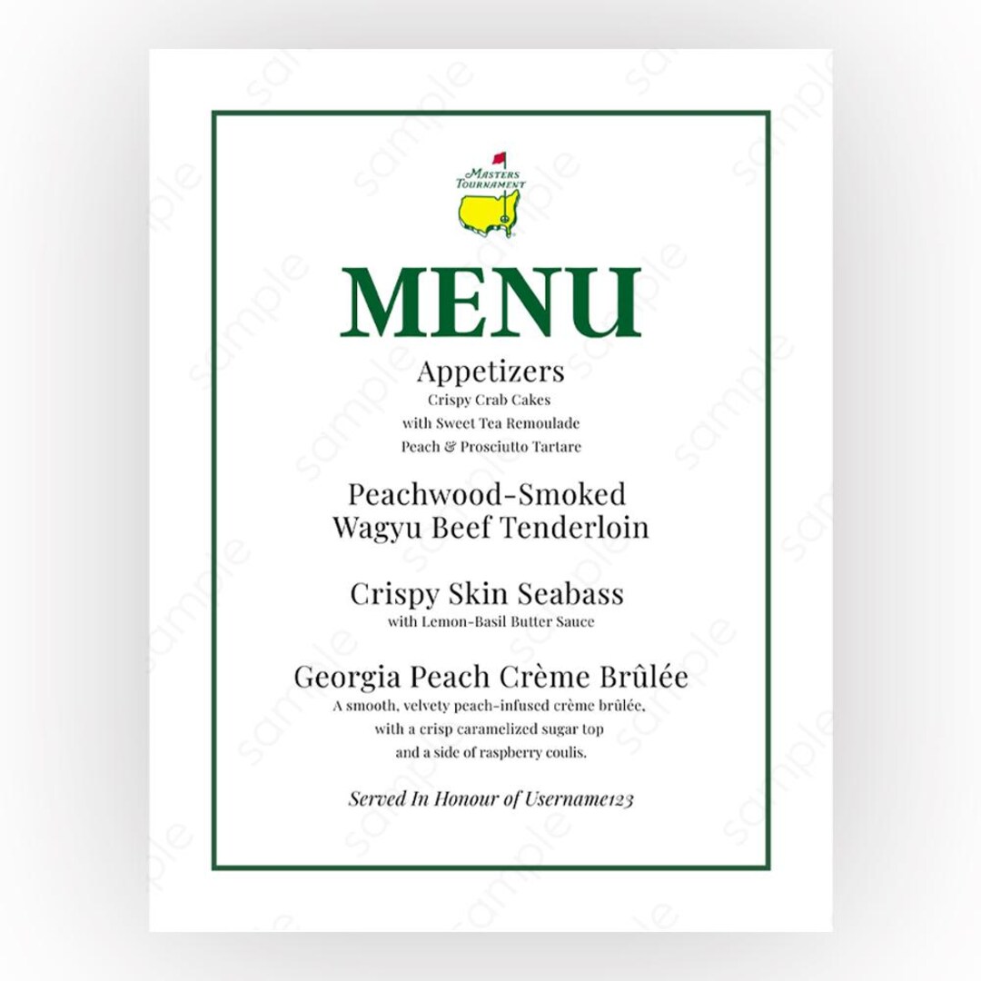 Personalised Masters Dinner Menu, Masters Golf Party Signs, Party ...