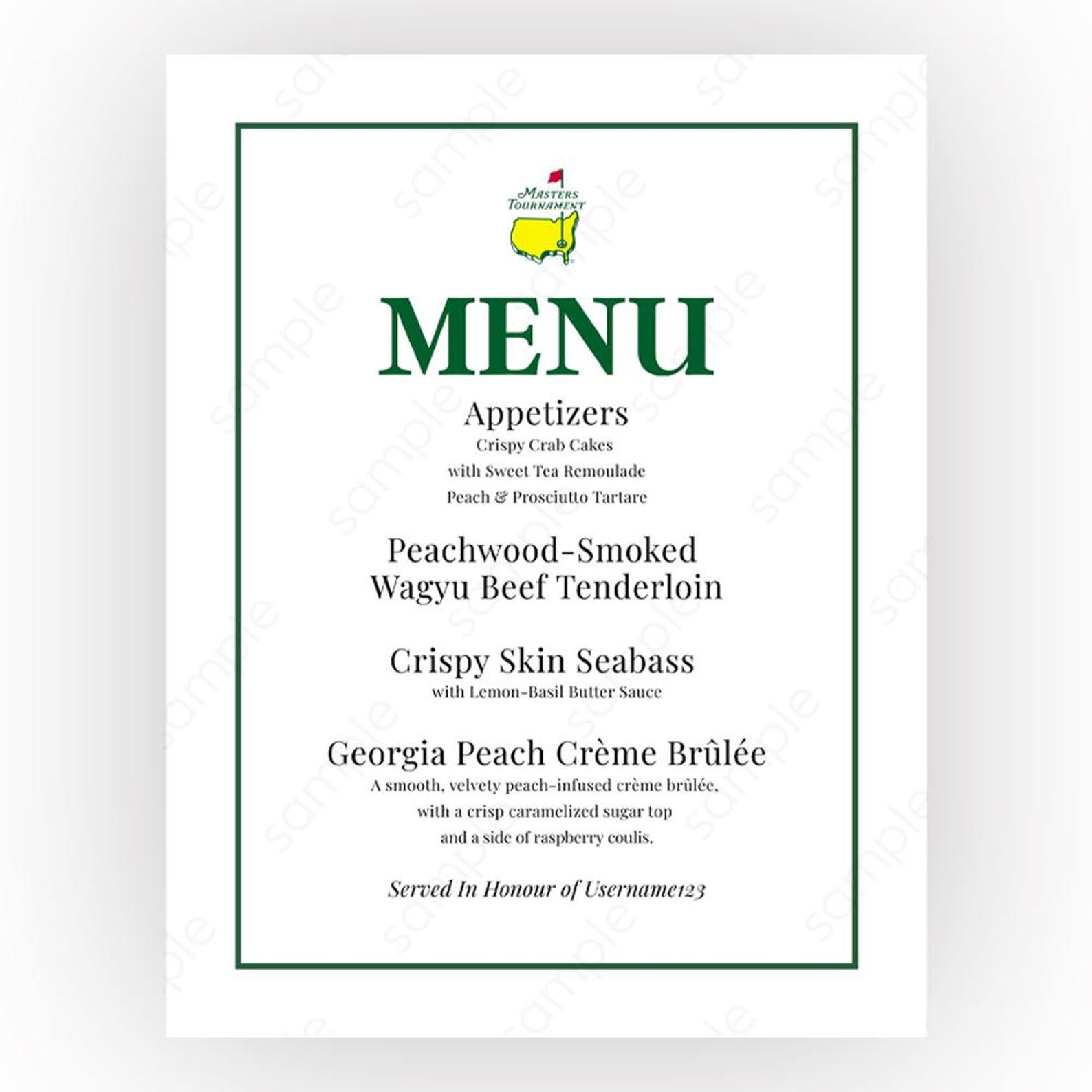 Personalised Masters Dinner Menu, Masters Golf Party Signs, Party ...