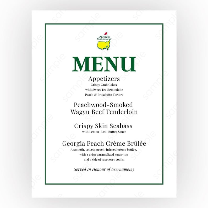 Personalised Masters Dinner Menu, Masters Golf Party Signs, Party ...