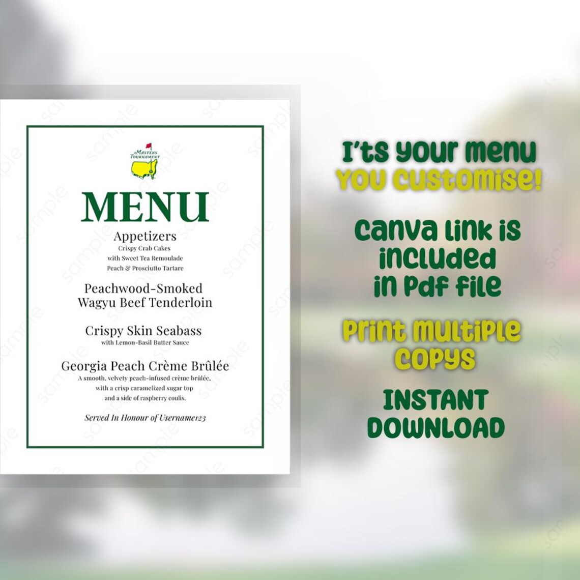 Personalised Masters Dinner Menu, Masters Golf Party Signs, Party ...