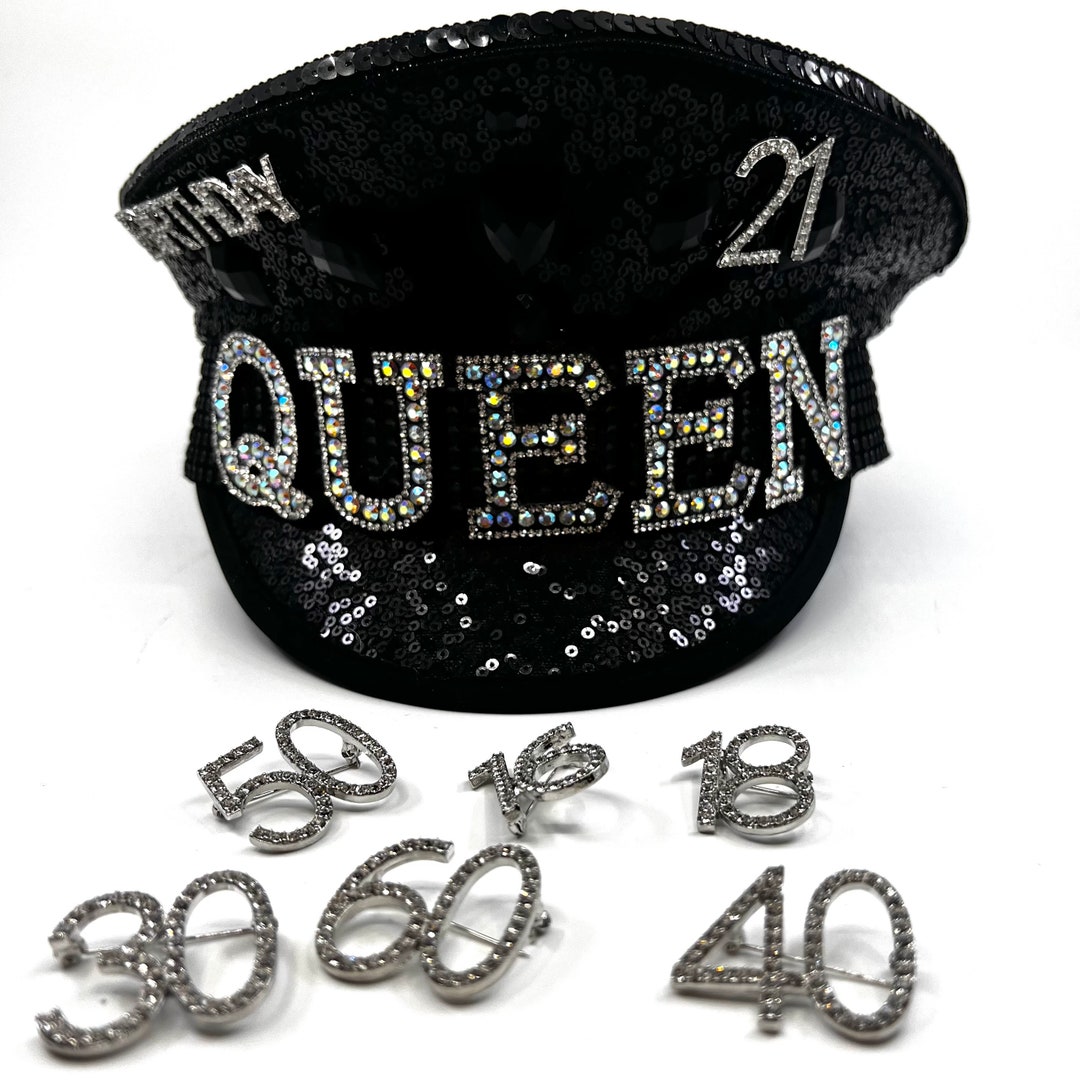 Birthday Queen Captains Hat Black Sequin Diamanté Celebration Party Hat ...
